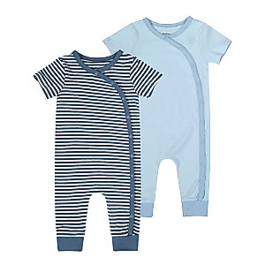 Teach Leanbh Baby Boys Girls 2 Pack Footless Pajamas Cotton Short Sleeve Side Snap Romper Jumpsuit Sleep and Play (Blue+Gray stripe, 12-18 Months)