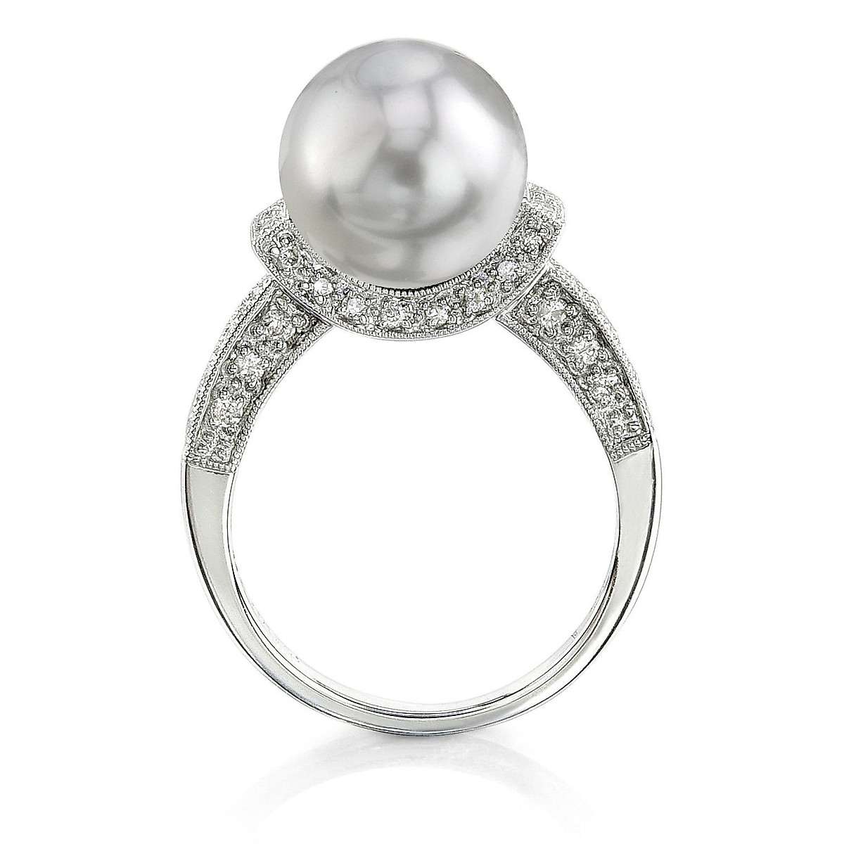 The Pearl Source 18K Gold 10-11mm round Genuine White South Sea Cultured Pearl & Diamond Ring for Women
