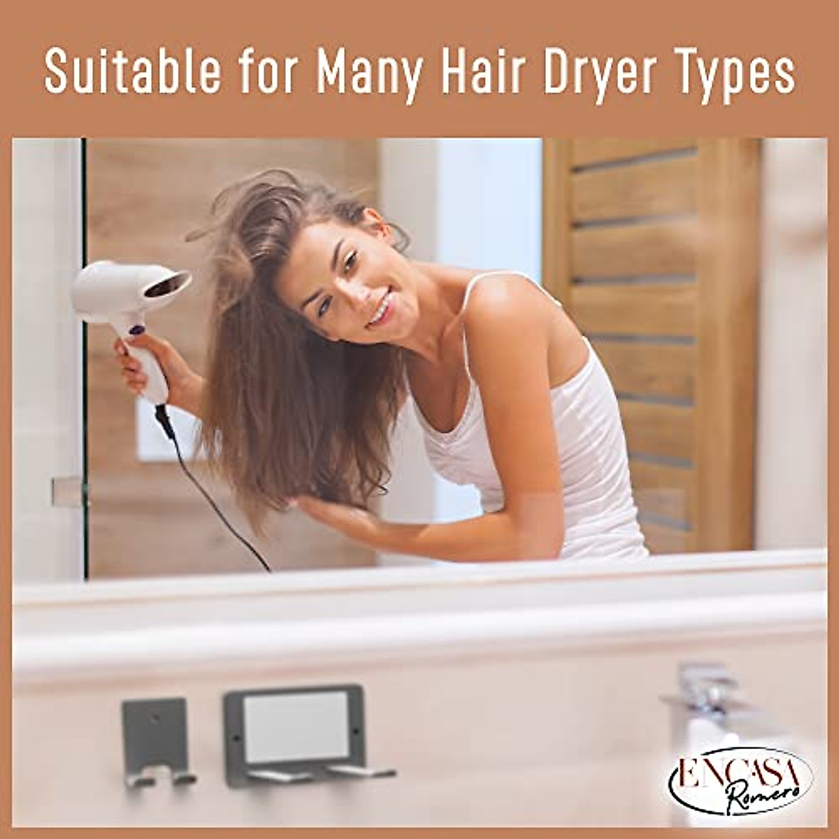 EnCasa Romero Hair Dryer Holder - Wall Mounted Hanger for Blow Dryers & Hair Dryers and Power Cord - Dual Mounting Option with Self Adhesive Strips and Screws Compatible with Dyson & Most Hairdryers