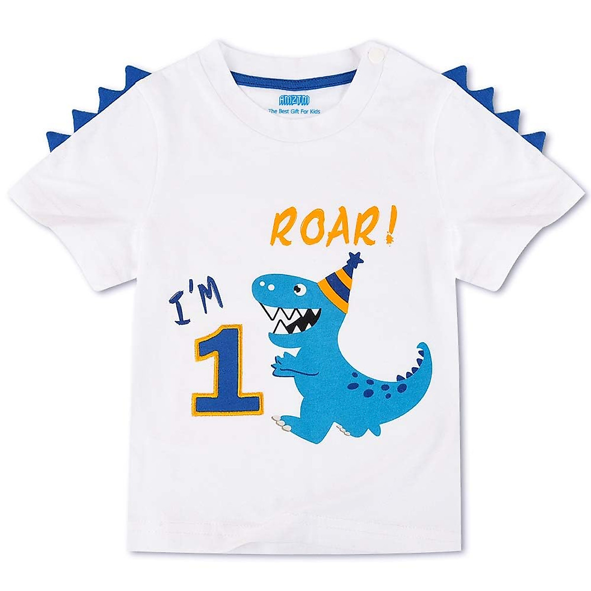 AMZTM 1st Dinosaur Birthday Boy T-Shirt Baby Boy One 1 Year Old Birthday Shirt Outfit First Dino Birthday Party Boy Top Tee White
