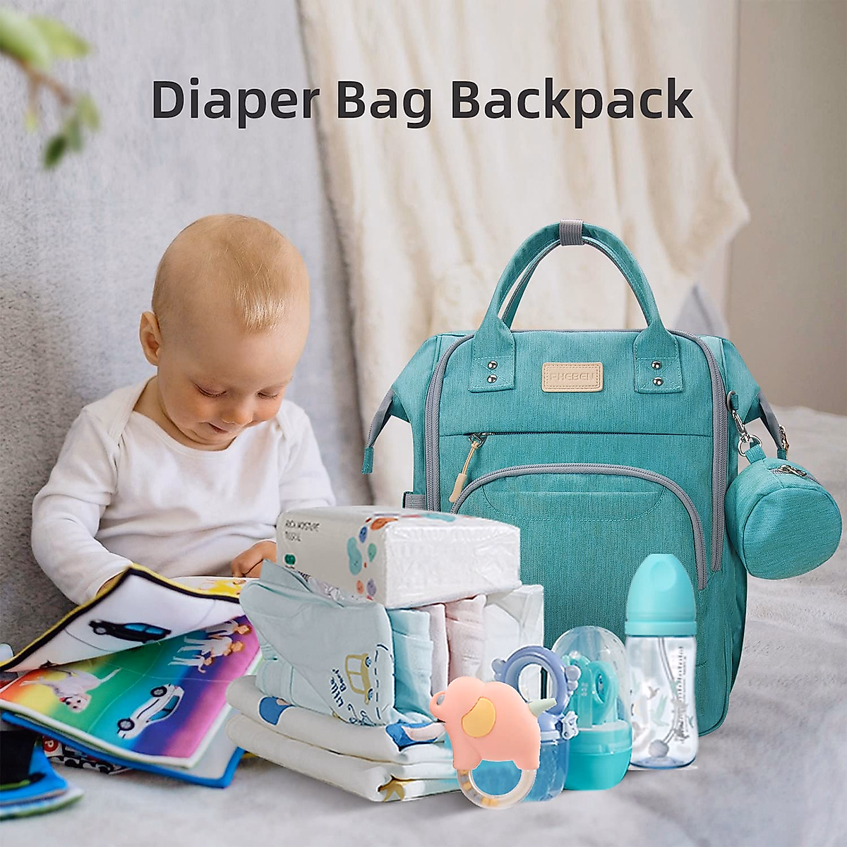 PHEBEN Diaper Bag Backpack Large Capacity Travel Back Pack Multifunction Waterproof Maternity Baby Changing Bags Unisex Stylish Nappy Bag with Stroller Straps & Pacifier Case(Green)