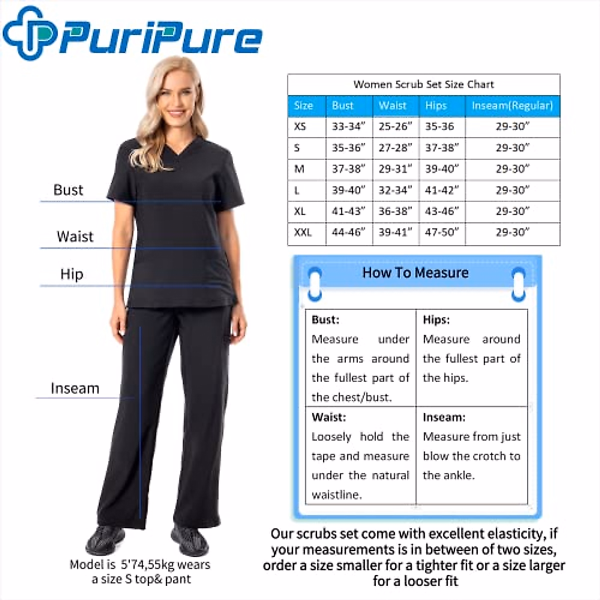 PuriPure Athletic Scrub Set for Women 4-Way Stretch V-Neck Scrub Top with 2 Pockets & cargo Scrub Pant with 5 Pockets (Large, Grey)