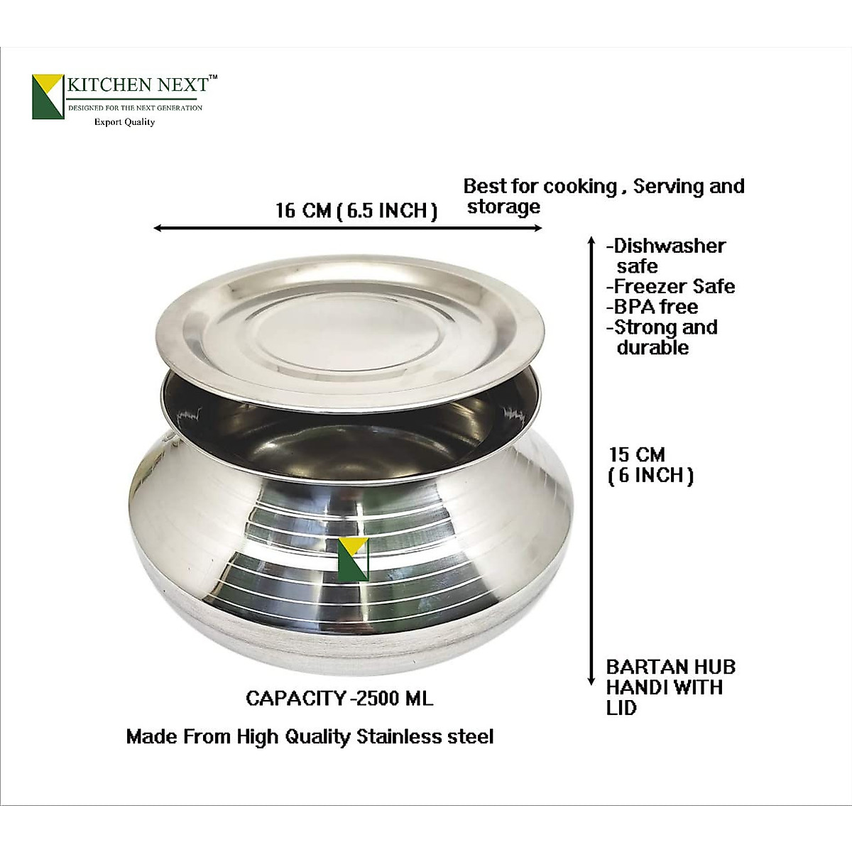 Bartan Hub Stainless Steel Handi with Lid ( Pongal Handi , 2500 ML , Dishwasher Safe ) Handi 2.5 L with Lid (Stainless Steel), Medium