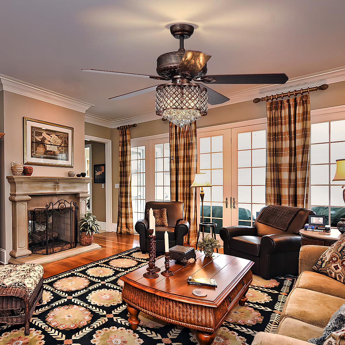 Neatmeat Crystal Ceiling Fans with Lights 52'' Chandelier Ceiling Fan with Pull Chain Control Flush Mount Vintage Bronze Ceiling Fan with 5 Reverse Wood Blades for Bedroom Living Room Dining Room