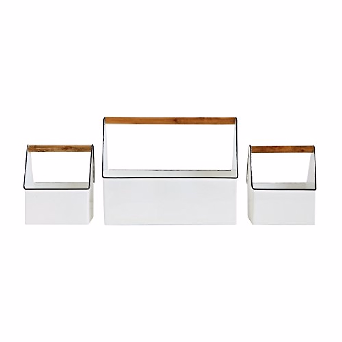 Creative Co-Op Set of 3 White Rectangle Metal Buckets with Wood Handles Caddy Set