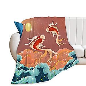 Japanese Wave Koi Fish Throw Blanket Animal Sun Flannel Blanket Utra Soft Breathable Lightweight Blanket for Couch Bed Sofa Office Room
