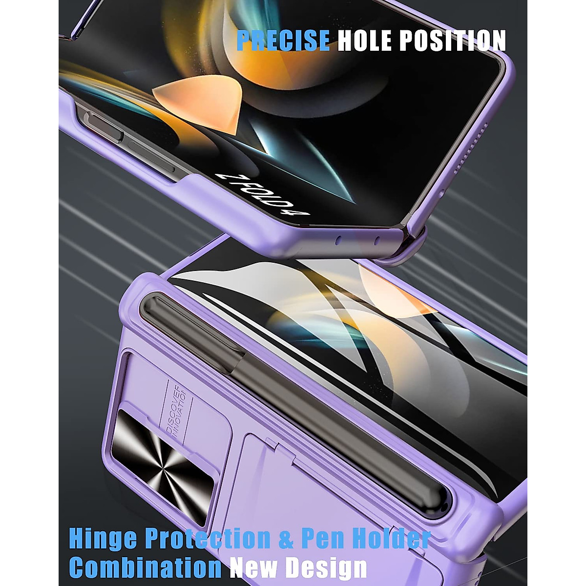 Vihibii for Galaxy Z Fold 4 Case with Card Holder & Sliding Camera Cover, S Pen Holder & Screen Protector & Magnetic Hinge Protection & Kickstand, Hard PC Phone Case for Samsung Z Fold 4 (Purple)