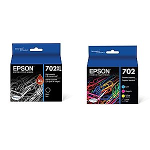 Epson T702120-BCS DURABrite Ultra Black and Color Combo Pack Standard Capacity Cartridge Ink & T702XL120-S DURABrite Ultra Black High Capacity Cartridge Ink