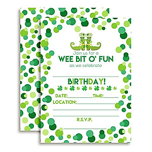Amanda Creation Wee Bit O' Fun St. Patrick's Day Themed Birthday Party Fill In Invitations set of 20 with envelopes