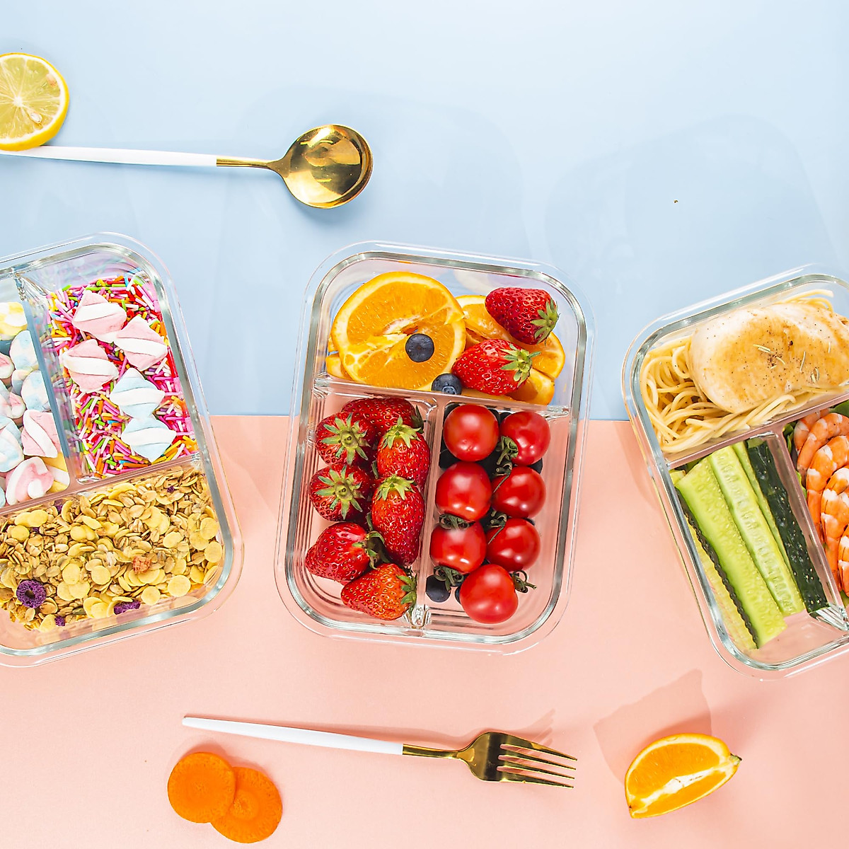 Glass Food Storage Containers 3 Compartment with Lids (5 Pack, 34oz), Divided Glass Meal Prep Containers for Lunch at Work, Leak-Proof Portion Control Food Containers, Microwave/Dishwasher Safe