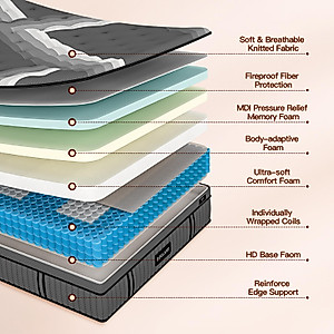 Queen Mattress DIGLANT 14 Inch Memory Foam Hybrid Mattress in a Box, Motion Isolation Individually Pocket Spring, Supportive & Back Pain Relief, Queen Size Plush Mattress, Black, 60”x80”