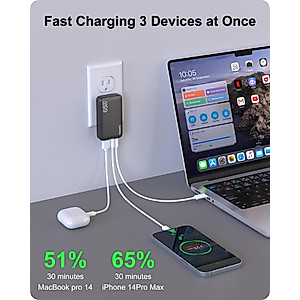 POANES 65W GaN USB C Charger, 3 Port Flat USB Wall Charger with USB C and USB A, Ultra-Slim GaN Charger PD3.0&PPS, Foldable Plug for Travel for MacBook, Laptops, Tablets, iPhone 15, Samsung