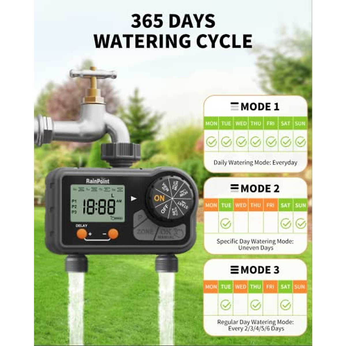RAINPOINT Sprinkler Timer,Water Timer with 6 Programmable Procedure Rain Delay/Manual/Automatic Mode,Outdoor Hose Timer for Week/Specific/Daily Day Cycle Watering for Lawn Garden Irrigation,2 Outlet