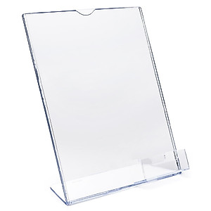Displays2go Set of 6, Slanted Plastic Sign Frame with Attached Business Card Holder For Desktop Use, Clear Injection Molded Tabletop Sign Holder, Top Loading