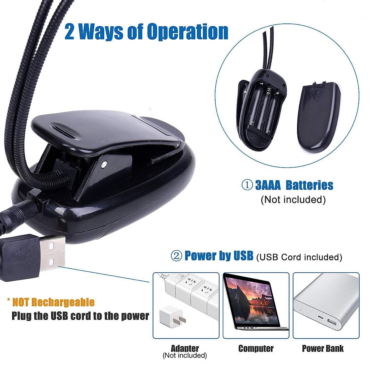 Music Stand Light, 1/2/4/10 Pack Clip on LED Book Lights, USB and AAA Battery Operated, Reading Lamp in Bed, 4 Brightness Levels, Ideal for Musician, Piano Player, Kids, Travel (Dual Arm)