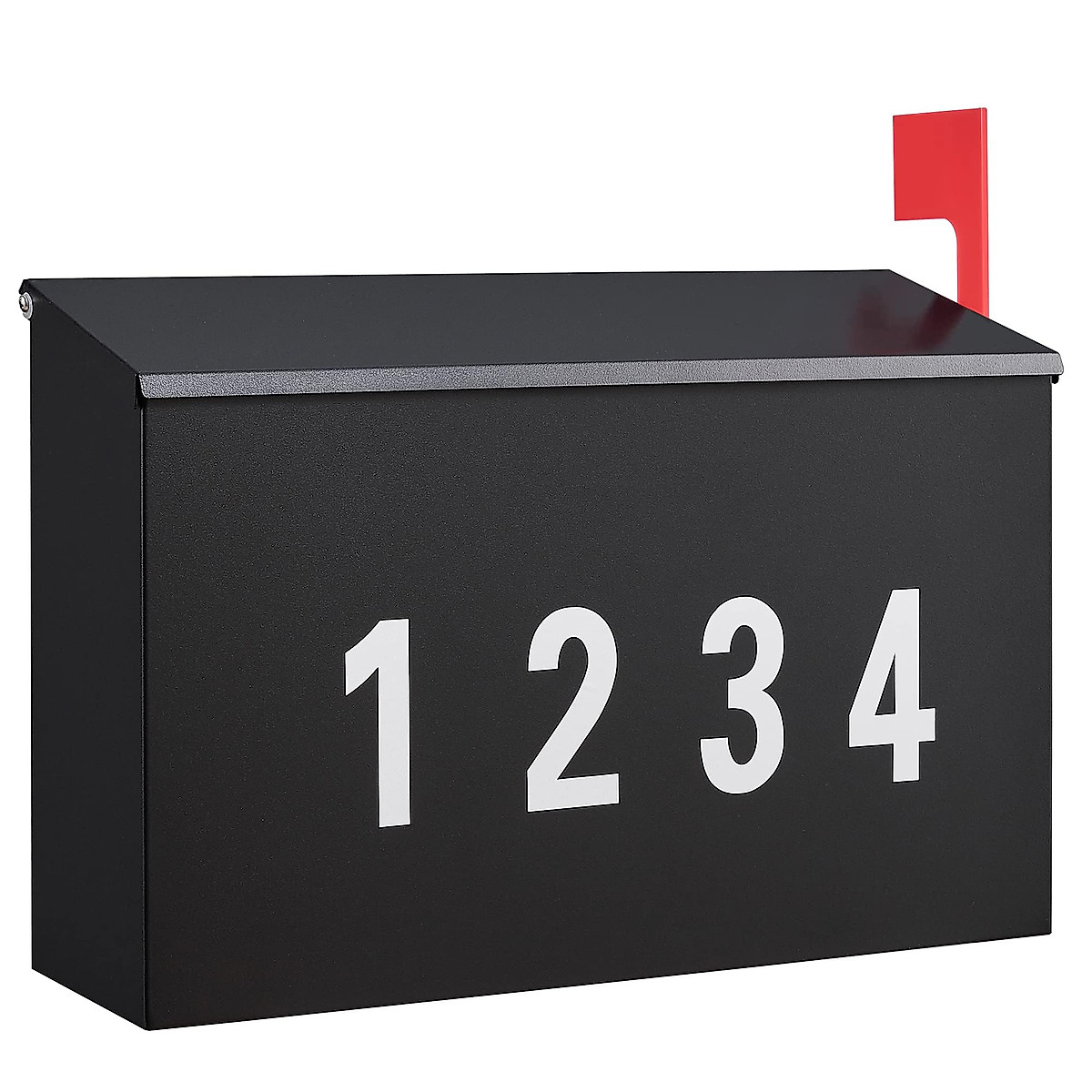 LAND·VOI Wall-Mount Mailbox with One Flag Kit and Three Sets of 0-9 Mailbox Number Stickers, Mailboxes for Outside, Galvanized Steel Rust-Proof Metal Post Box, 4.33" Dx14.2 Wx10.43 H, Black, AMB03B