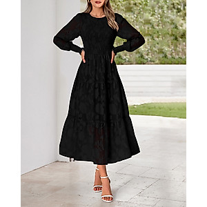 BTFBM Casual Women's 2025 Spring Dresses Elegant Wedding Guest Dress Long Sleeve Floral Midi Dress Flowy Bohemian Long Dress(Black,Small)