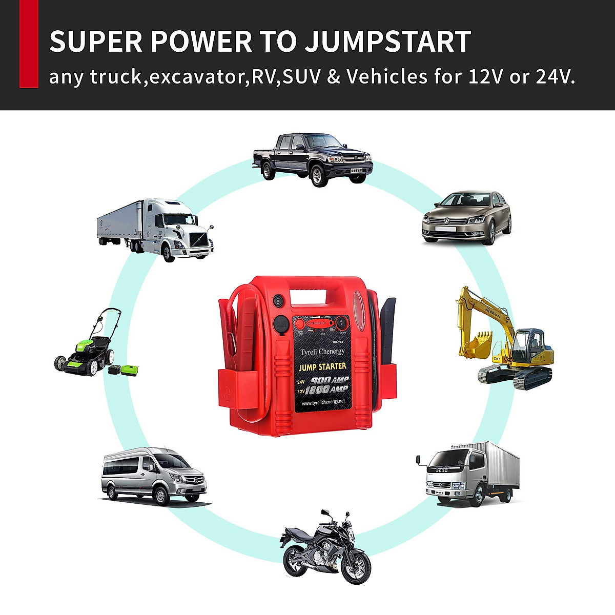 Tyrell Chenergy 1800/900 Peak Amp 12V/24V Jump Starter, Truck Battery Booster Pack, and Commercial Jumper Cables,Includes DC/USB Power for Charging Phones and Tablets,Jump Box Battery Clamps