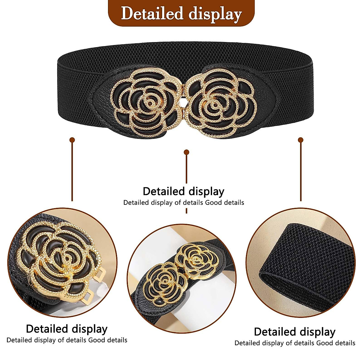 Wriidy Stretch Belt Black Flower Elastic Belt Women Fancy Girls Waist Accessories for Dress