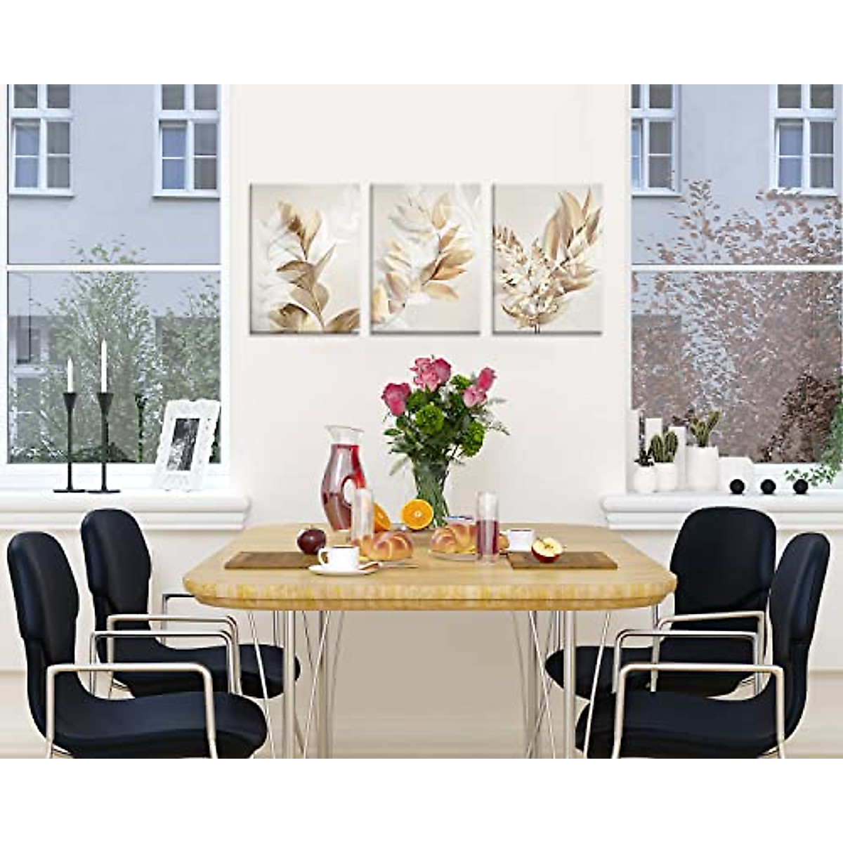 ARTINME Set of 3 Morden Gold Leaf Prints Wall Art, White Flower Gold Leaf Canvas Prints on Canvas Artwork for Dinning Room Bedroom Living Room 12 * 16 inch