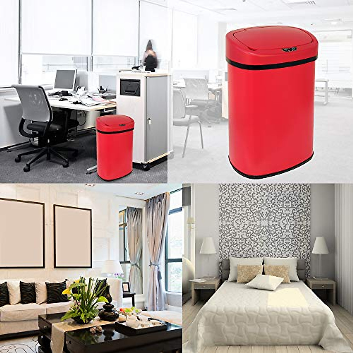 Automatic Sensor 13 Gallon Trash Can, Touch Free Trash Can, No Touch Garbage Can Kitchen Waste Bin, High-Capacity Bathroom Trash Can with Lid for Home Bedroom Office, Power by Battery, Red