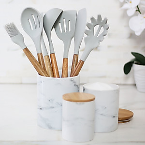 Silicone Cooking Utensils | Wooden Handle, Non-Stick Cookware Heat Resistant Kitchen Utensil Spatula, Slotted & Solid Spoon, Soup Ladle, Slotted Turner and Spaghetti Server,| Acacia Wood - Light Grey