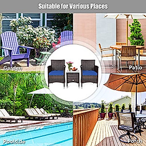 KOTEK 3 Piece Patio Furniture Set, Outdoor Wicker Conversation Set w/Glass Top Coffee Table, Thick Cushions, Rattan Bistro Set for Patio, Garden, Porch, Lawn (Navy)