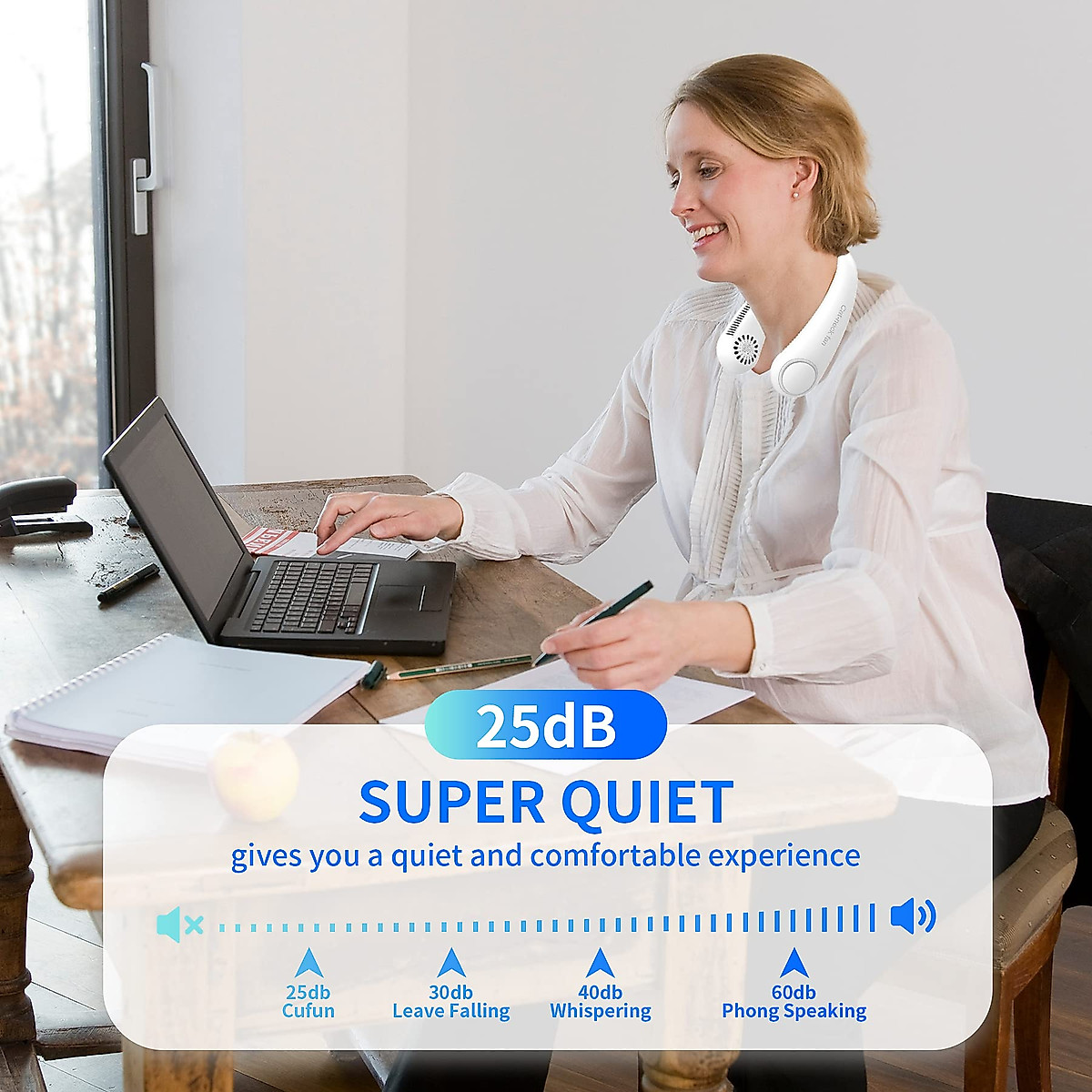 CuFun Portable Neck Fan, Hands Free USB Rechargeable Bladeless Fan, Mini Personal Neck Fan with Long-lasting Battery, 360° Cooling, Super Quiet, 3 Speeds for Outdoor & Indoor, White