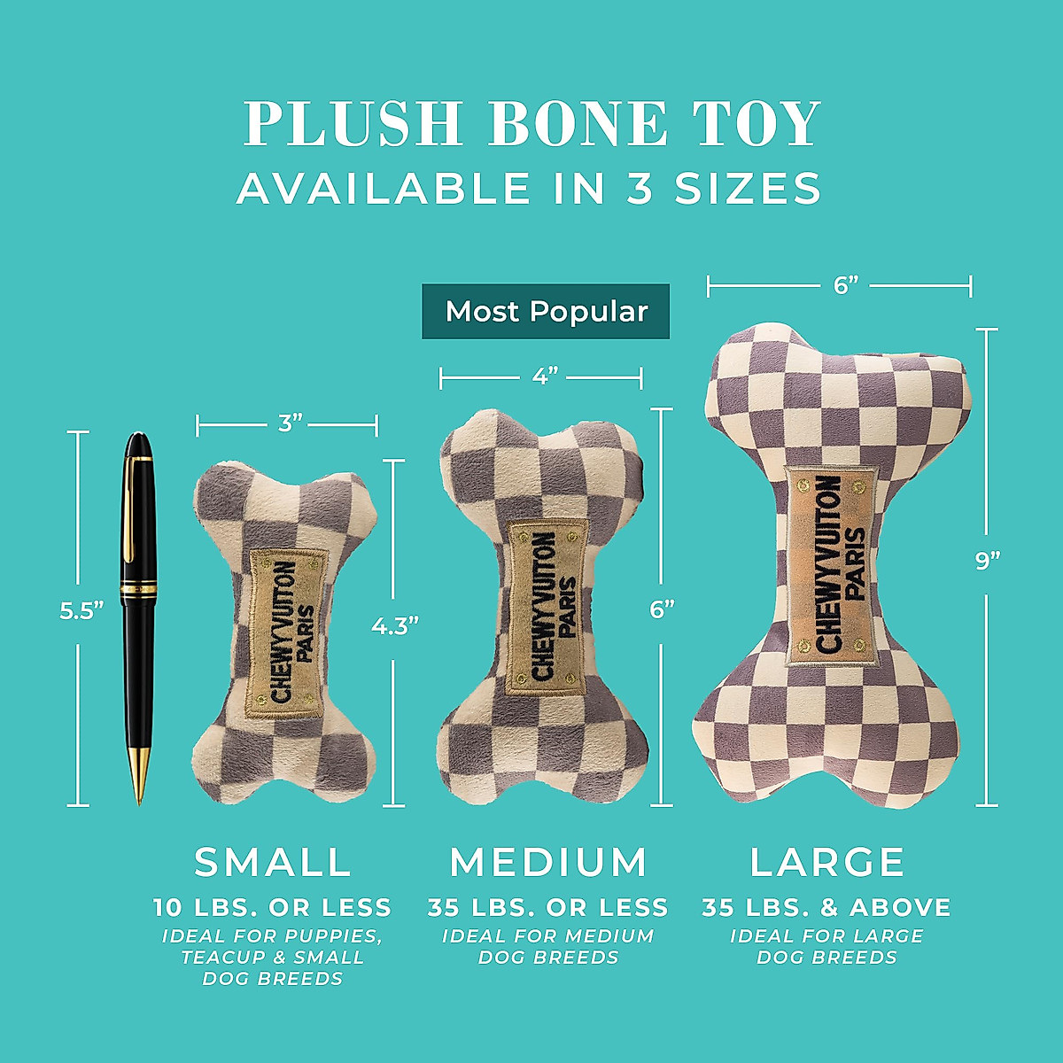 Haute Diggity Dog Checker Chewy Vuiton Bone, Plush Designer Dog Toys with Interactive Squeaker, Stimulating Pet Enrichment, Machine-Washable & Safe Materials for All Breeds, Size Medium