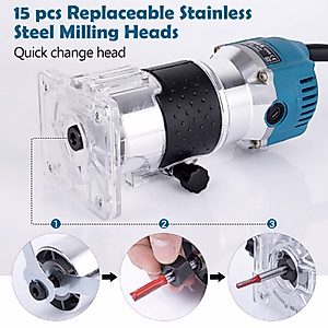 MeiMeiDa 800W Compact Wood Router Tool, Handheld Palm Routers for Woodworking with 6 Variable Speed,Electric Trimmer Wood Router with 15pcs 1/4" Router Bits,Wood Router for DIY Woodworking Handicraft