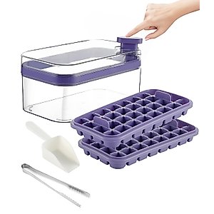 Ice Cube Trays with LId and Bin, Easy Release Ice Trays for Freezer, 2 Pack Ice Cube Molds, 64 Pcs Ice Cube Tray, Large Capacity Ice Tray Holder, Includes Ice Tong, Ice Spoon, for Whiskey, Cocktail.