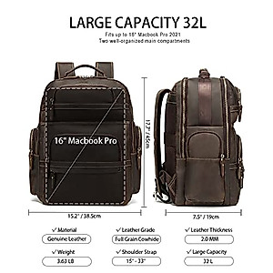 Taertii Vintage Full Grain Genuine Leather Backpack for Men - Fits 16" Laptop, Travel, Hiking, Business, Work, Rucksack Daypack 32L - Brown