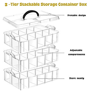 Teenyyou 4 Pcs 3 Tier Stackable Craft Organizers and Storage Bead Organizers with 30 Adjustable Compartments Storage Box Jewelry Making Organizers and Storage for Arts, Jewelry, Dolls, Washi Tape