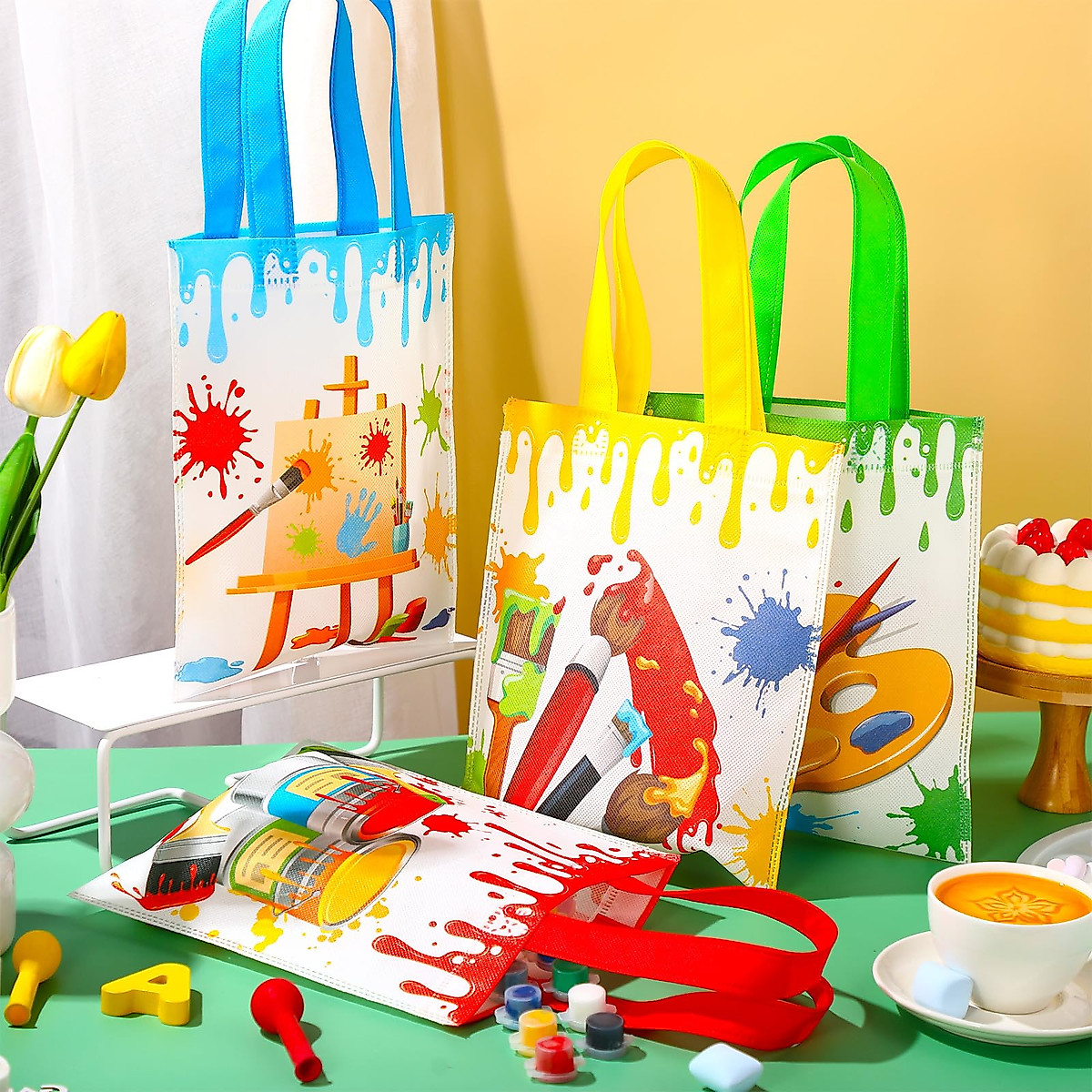 Sweetude 24 Pack Paint Party Favor Bags Non Woven Art Party Gift Bags Kids Art Paint Treat Goodie Bags Paintbrush Splatter Tote Bags for Paint Theme Birthday Party Baby Shower Supplies, 4 Styles