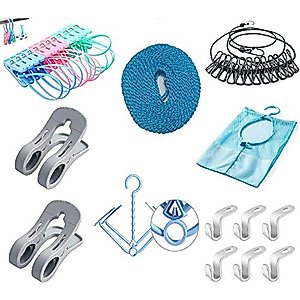 Travel Clothesline Laundry Storage and Organization, Ouioui 24 Pieces Portable Camping Clothesline with Space Saving Drying Shoe Rack, Quilt Clips and Clothes Hanger Connector Hooks for Indoor Outdoor