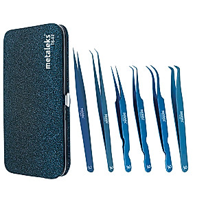 6PCS Eyelash Extension Tweezers Sets Made of Japanese Stainless Steel (Glitter Blue Rexion Pouch)