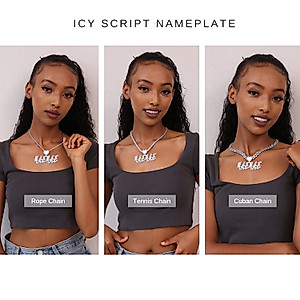 Iced Out Personalized Cursive Name Heart Necklace, Custom Nameplate Pendant Handmade with Cuban Link Chain, Hip Hop Initial Letter Diamond Jewelry Gifts Gold and Silver Color Plated for Man and Woman (Silver/Heart Hook)