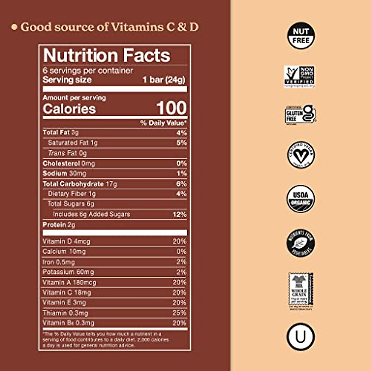 MadeGood Cookies and Creme Granola Bars, 6 Bars (0.85 oz), 6 Boxes; Contain Nutrients of One Full Serving of Vegetables, Gluten Free Oats; Nut and Allergen Free Bars