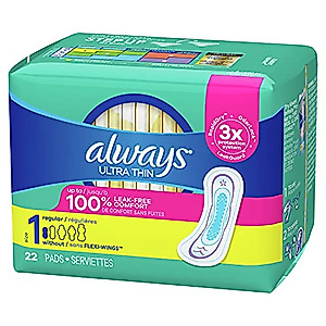 Always Ultra Thin Regular Without Wings, Unscented Pads, Multicolor, 22 Count (Pack of 4)