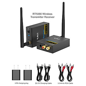 1Mii 2.4Ghz Wireless Audio Transmitter Receiver for TV, 320ft Long Range 20ms Low Delay 192kHz/24bit HiFi Audio, Wireless Adapter Kit for Subwoofer/Powered Speaker/Stereo/Soundbar, RCA(3.5mm)Out/input