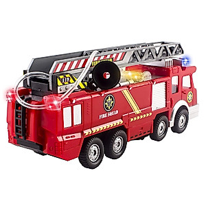 Fire Truck Toy Rescue with Shooting Water, Lights and Sirens Sounds, Extending Ladder and Water Pump Hose to Shoot Water, Bump and Go Action by Vokodo