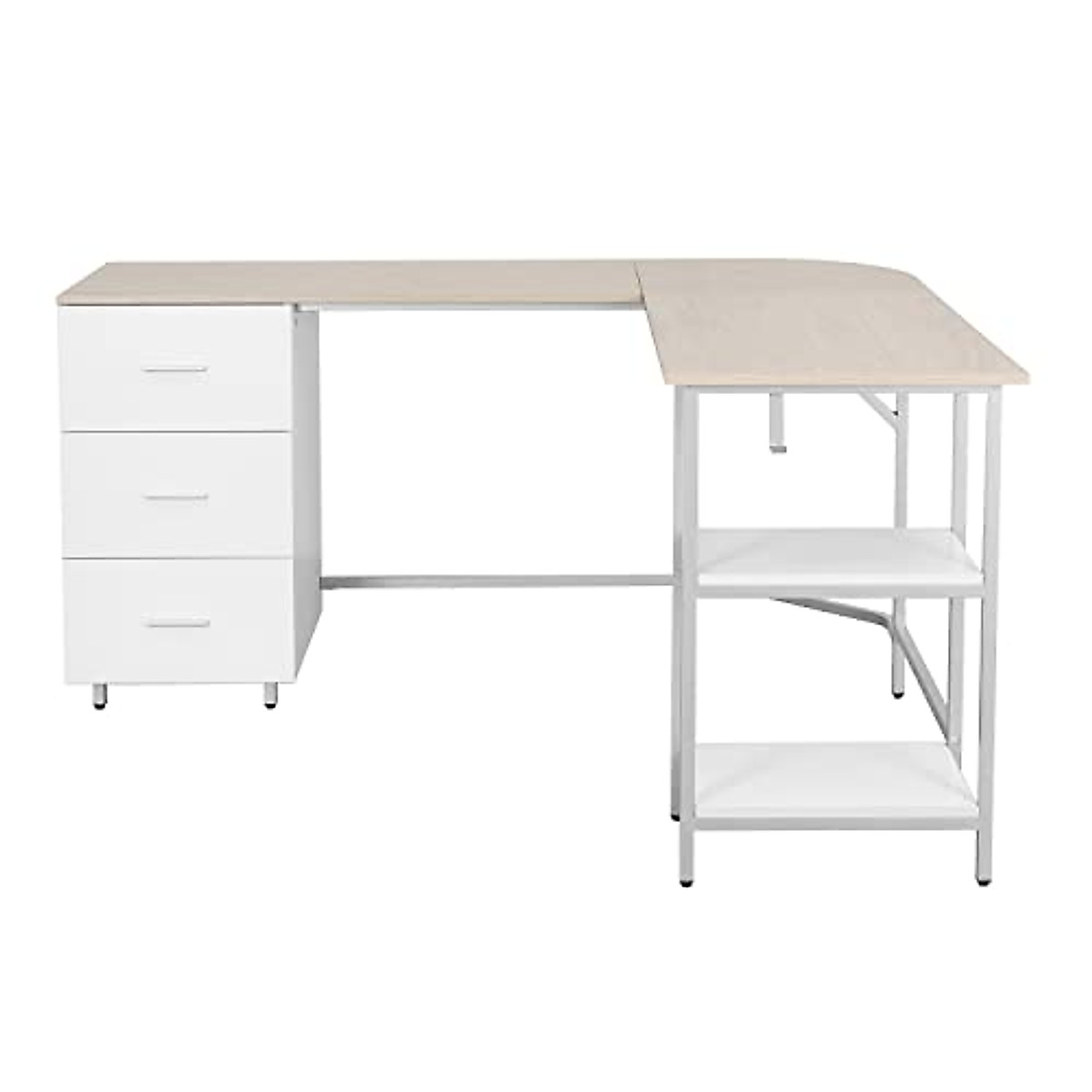 Techni Mobili L Shaped Desk - Two-Toned Computer Desk with Drawers & Storage Shelves - Simple Modern Furniture & Home Office Space Corner Table for Work & Writing