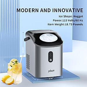 Pobwam Nugget Ice Maker Countertop Chewable Ice Maker Machine with Handle Self-Cleaning Ice Machine with Ice Scoop Ice Basket Ice Makers for Home/Kitchen/Party/33Lbs/24H Silver