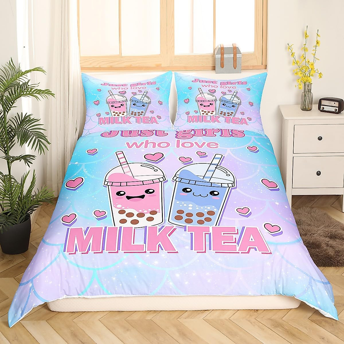 Cute Milk Tea Duvet Cover Twin Size,Purple Blue Ombre Fishscale Bedding Set 2pcs for Kids Teens,Cartoon Love Heart Comforter Cover Soft Quilt Cover Bedroom Decor Bedspread
