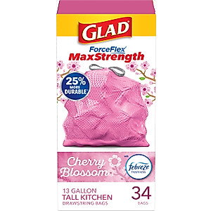 Glad ForceFlexPlus Tall Kitchen Drawstring Trash Bags, 13 Gallon Trash Bag, Febreze Cherry Blossom, 34 Count