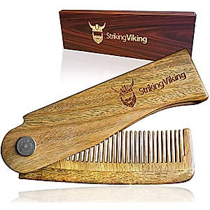 Striking Viking Folding Wooden Comb - Men's Hair, Beard & Mustache Comb - Pocket Sized Sandal Wood Comb for Everyday Grooming, Use Dry or with Balms and Oils - Beard Gift for Men