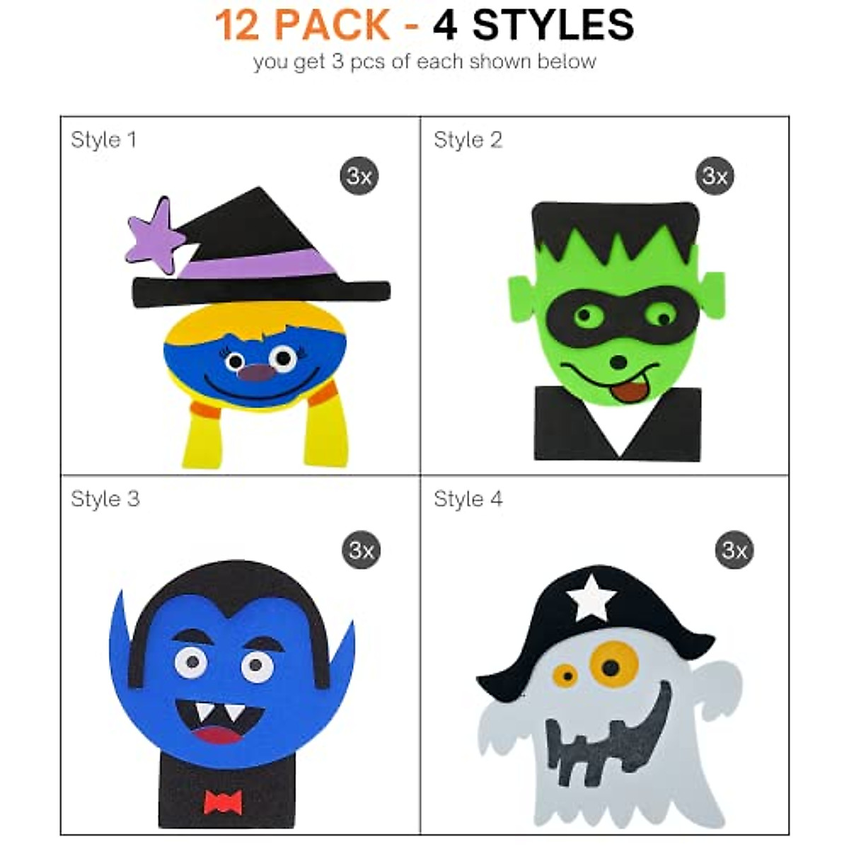 4E's Novelty Halloween Crafts for Kids (12 Pack) Bulk Foam Magnet Character Faces, Fall Crafts for Kids & Toddlers Ages 3-12