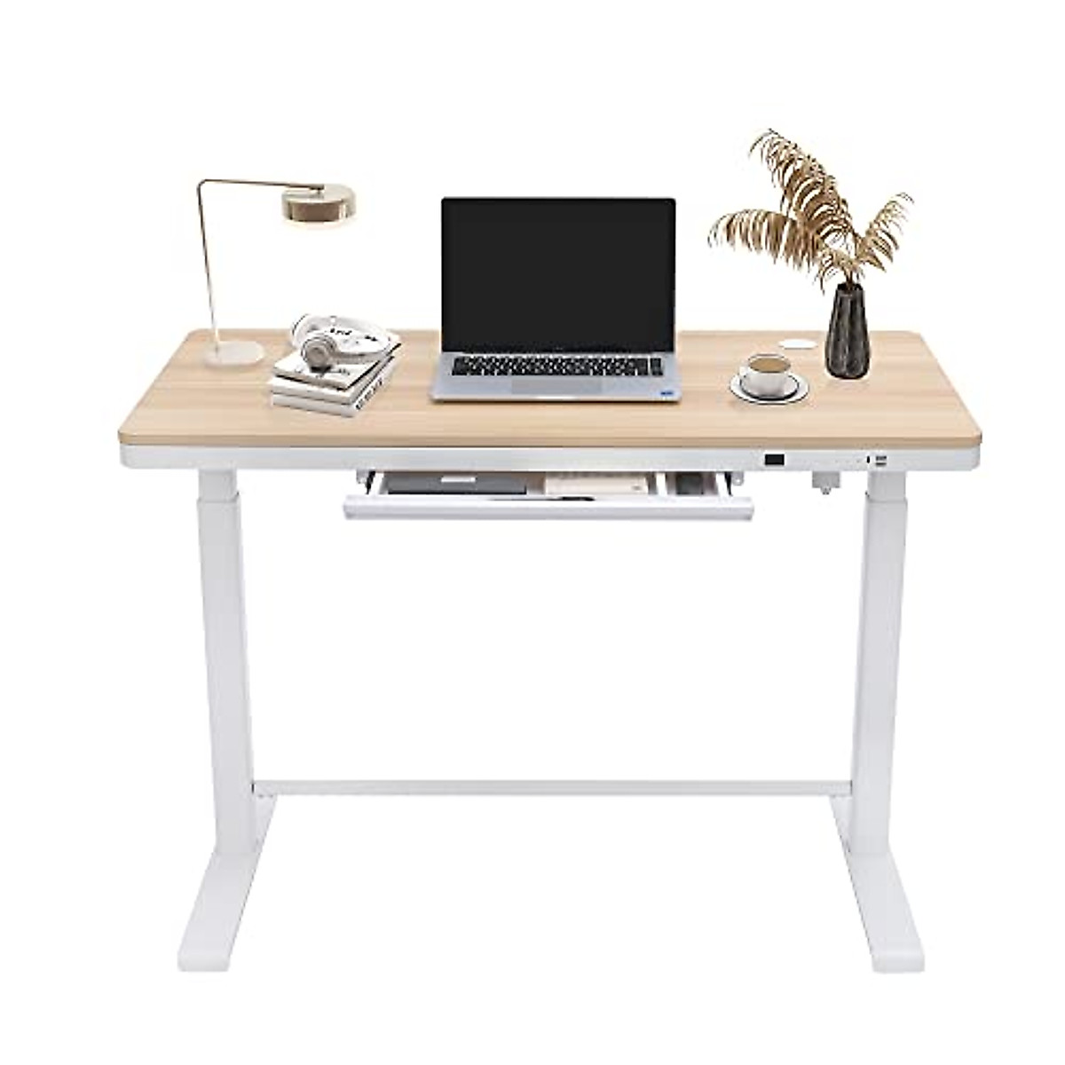 FARRAY Electric Standing Desk with Drawer, 45 x 24 Inch Adjustable Height Desk with Power Strip & USB Ports, One-Piece Top Stand Up Desk, Modern Sit Stand Desk (Oak Top + White Frame)