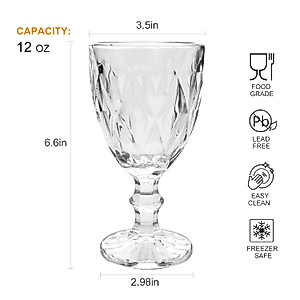 Wine Glass, Clear Glass Goblet, 12oz Vintage Pattern Embossed High Clear Glass Goblets for Party, Wedding,Prismatic