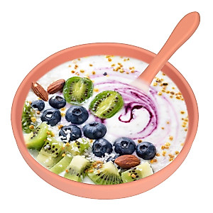 TOPGOMES Silicone Suction Plate, Comes with Soft Spoon Fork | Stay Put Baby Feeding Dishes for Kids and Infants | BPA Free, 100% Food-Grade Silicone, Non-Slip Design (Ether)